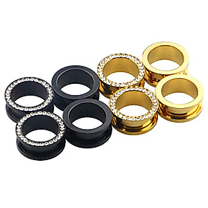 Awinrel 8 Pieces Black Gold Plated Stainless Steel Gem Rhinestones Screw Fit Ear Plug Gauges Flesh Tunnels Eyelet Stretcher Body Piercing Jewelry 10mm