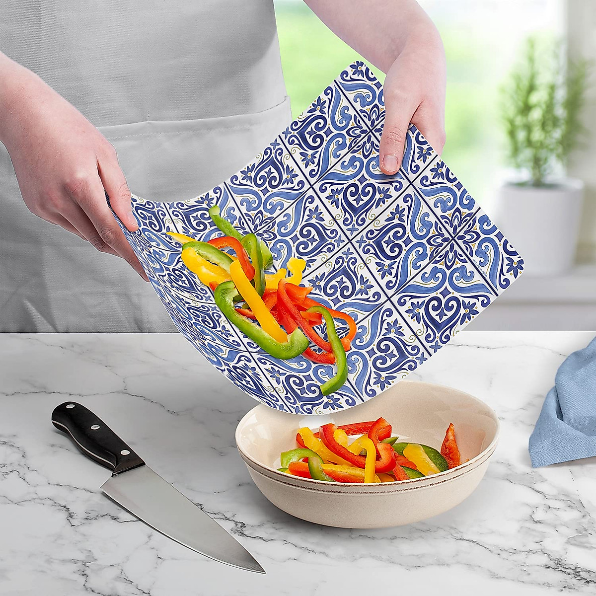 Cut N' Funnel Shades of Blue Designer Flexible Plastic Cutting Board Mat, 15" x 11.5", Made in the USA, Decorative, Flexible, Easy to Clean