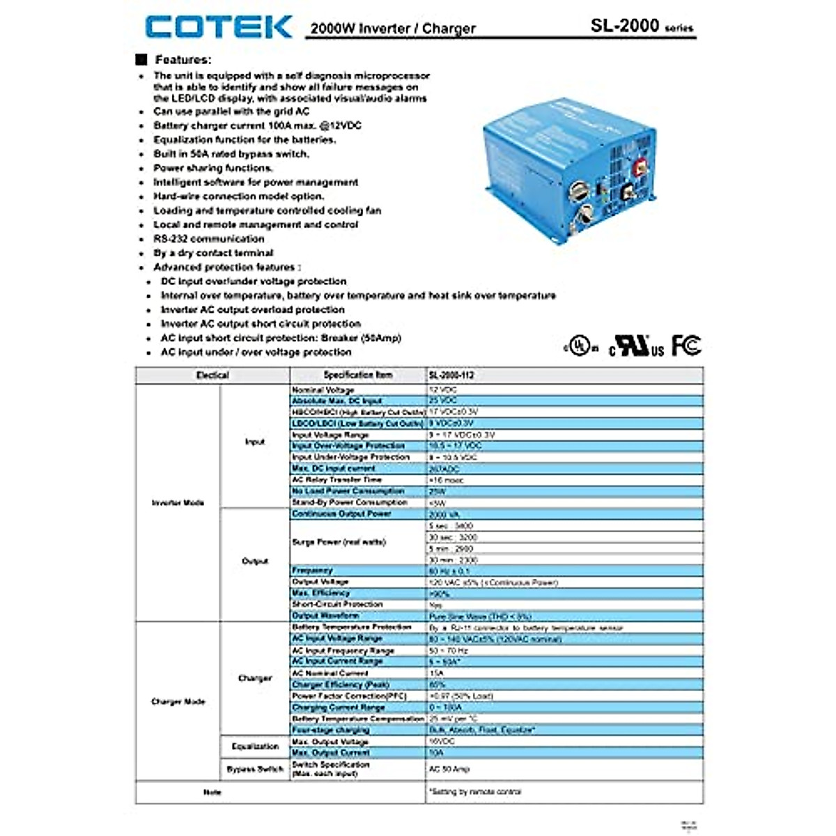 Cotek SL-2000-112 Low Frequency Pure Sine Wave Bidirectional Inverter/Charger with Transfer Switch 120VAC 12VDC 2000W