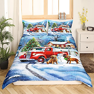 Red Truck Duvet Cover Queen Size,Snowman Dog Comforter Cover with 2 Pillowcase for Teens Adults,Kids Christmas Tree Bedding Set,Xmas Theme Breathable 3 Pcs Decorative Bed Cover(No Comforter)