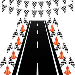 Remagr 22 Pcs Race Car Birthday Party Supplies Include Racetrack Floor Running Mat Checkered Racing Pennant Banner Black and White Flags on Sticks, Mini Orange Sports Safety Cones for Racing Party