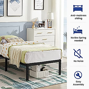 HiBed Twin Metal Platform Bed Frame,14" Low Profile Mattress Foundation, Heavy Duty Steel Slat/Easy Assembly/No Box Spring Needed/Modern Black Finish