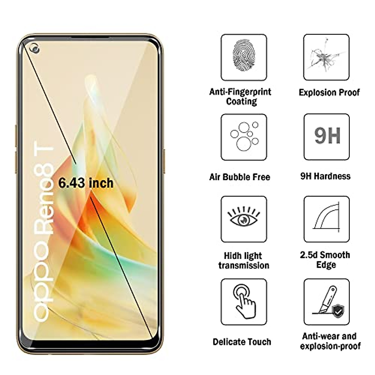 Natbok 2 Pack for OPPO Reno 8T 4G Screen Protector,9H Tempered Glass Film,HD Clear Scratch Resistant,Case Friendly Bubble-Free Easy Installation for OPPO Reno 8T 4G Glass Screen Protector