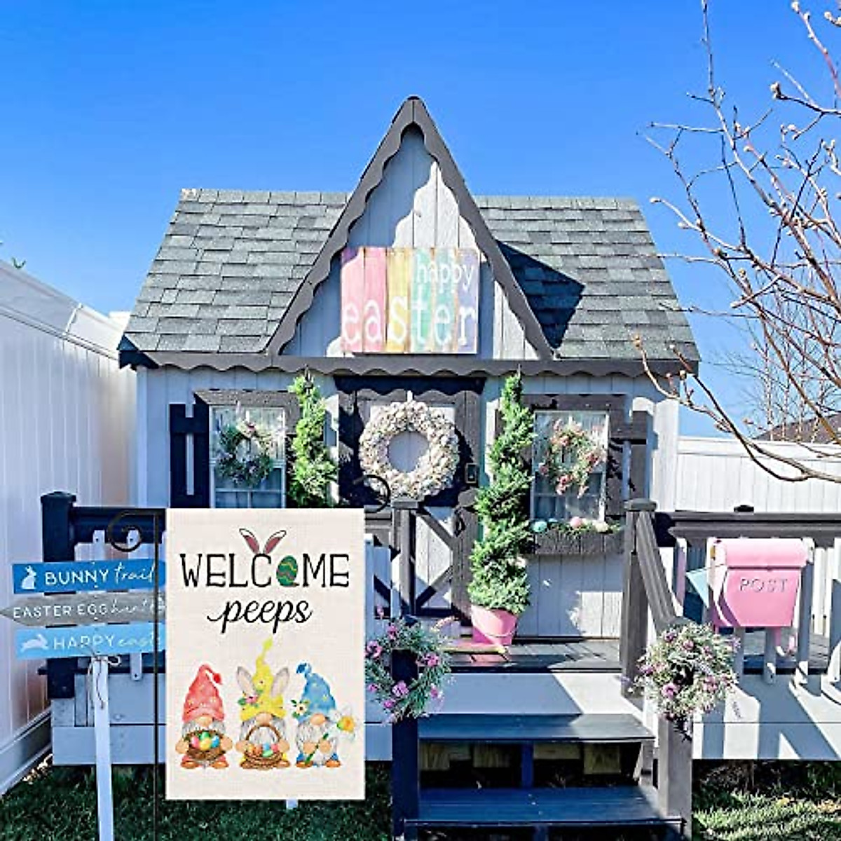 Easter Garden Flags 12x18 Double Sided - Spring Gnome Welcome Yard Flag Burlap Bunny Easter Outdoor Decorations Welcome Peeps
