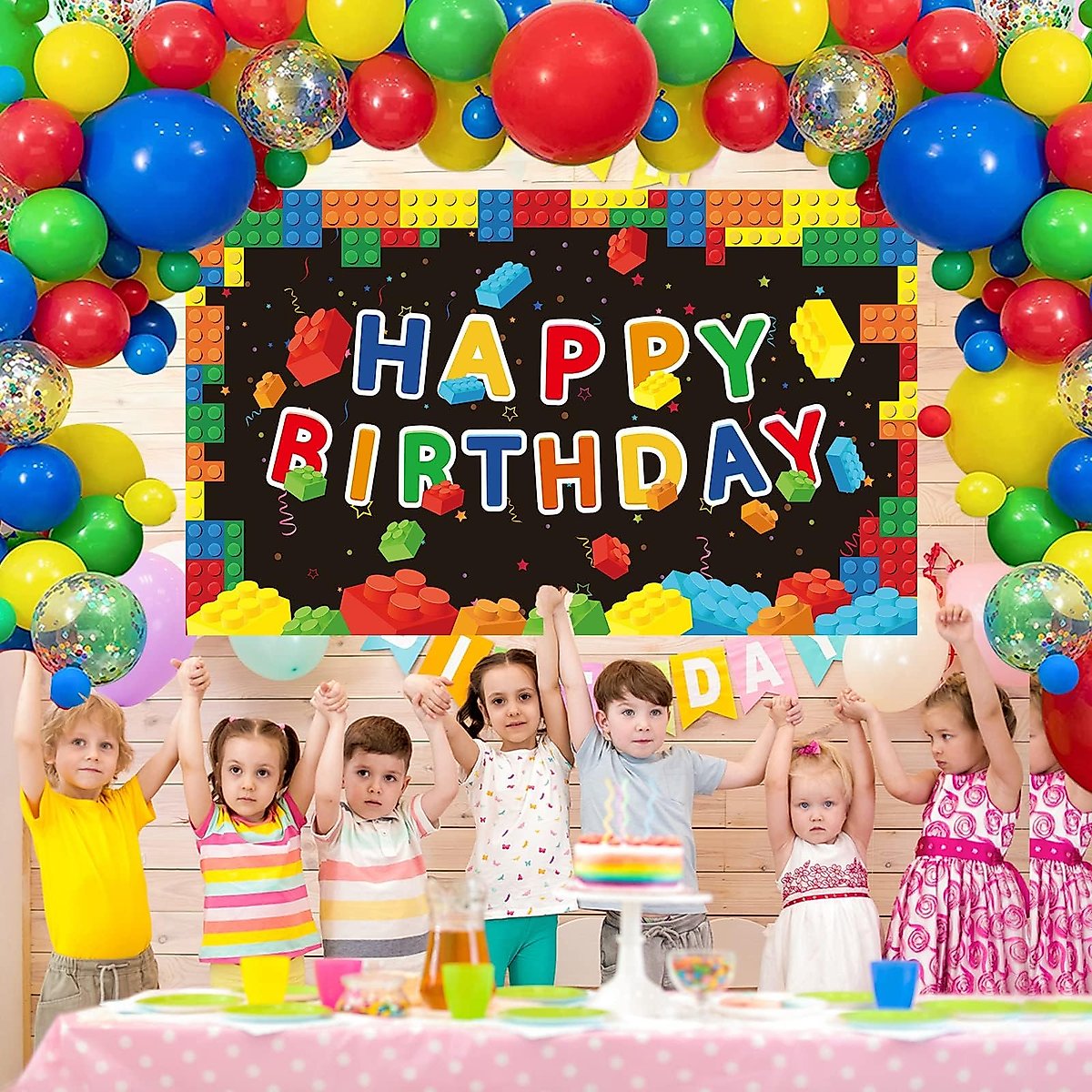 81 Pieces Color Building Block Party Decoration Set Building Block Balloon Arch and Background Kit Child Building Block Balloon Garland Photo Props