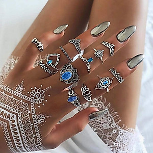 49Pcs Vintage Crystal Knuckle Rings Set Gemstone Boho Stackable Finger Rings Midi Ring for Women Hollow Carved Flowers Gold&Silver Ring Crystal Joint Rings