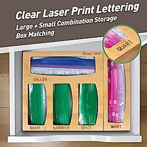 Deep sea Ziplock Bag Storage Organizer and Dispenser for Kitchen Drawer, Bamboo Kitchen Food Storage Bag Holders Compatible with Gallon Quart Snack Bags & Sandwich