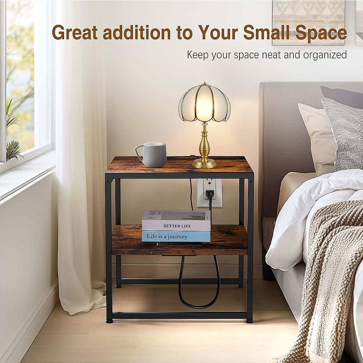 Tatub 20" End Table with Charging Station, Industrial Square Side Table with USB Ports & Outlets, Versatile 2-Tier Small Nightstand for Bedroom Living Room, Rustic Brown