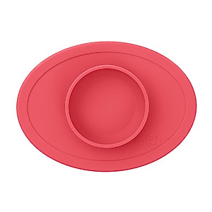 ezpz Tiny Collection Set (Coral) - 100% Silicone Cup, Spoon & Bowl with Built-in Placemat for First Foods + Baby Led Weaning + Purees - Designed by a Pediatric Feeding Specialist - 6 Months+