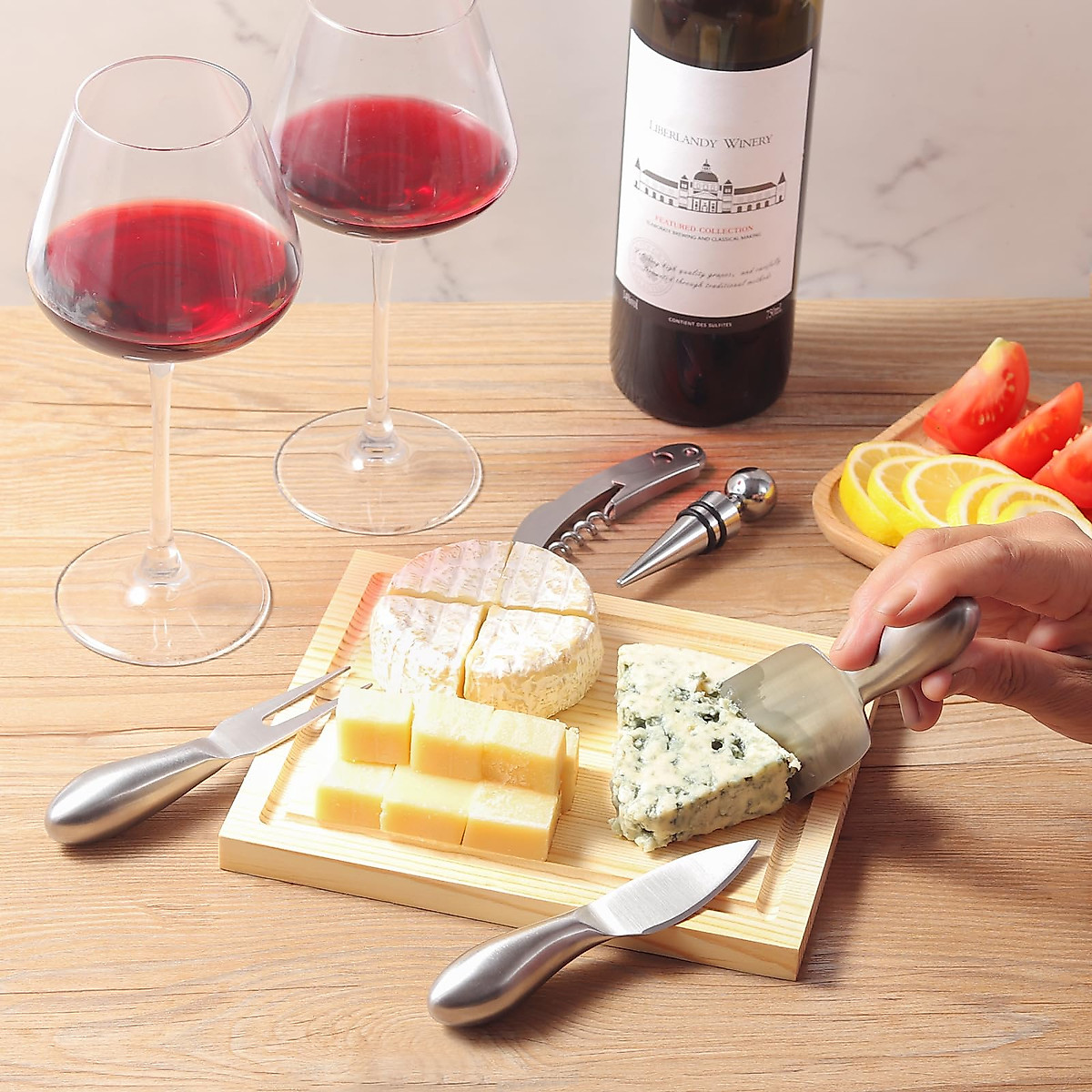 Cheese Gifts Wine Gifts，Cheese Knife Set with Cutting Board and Wine Tools，Cheese Knives for Charcuterie Board Accesories,Cheese&Wine Tools Set（Gift-Ready Box）