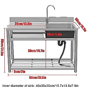 NYCDA Commercial Stainless Steel Sink, Kitchen Utility Sink Single Bowl Free-Standing Sink Set, Restaurant Sink w/Faucet & Drainboard for Laundry Garage Camping 80x50x80cm/31.5x19.7x31.5in Right-Sink