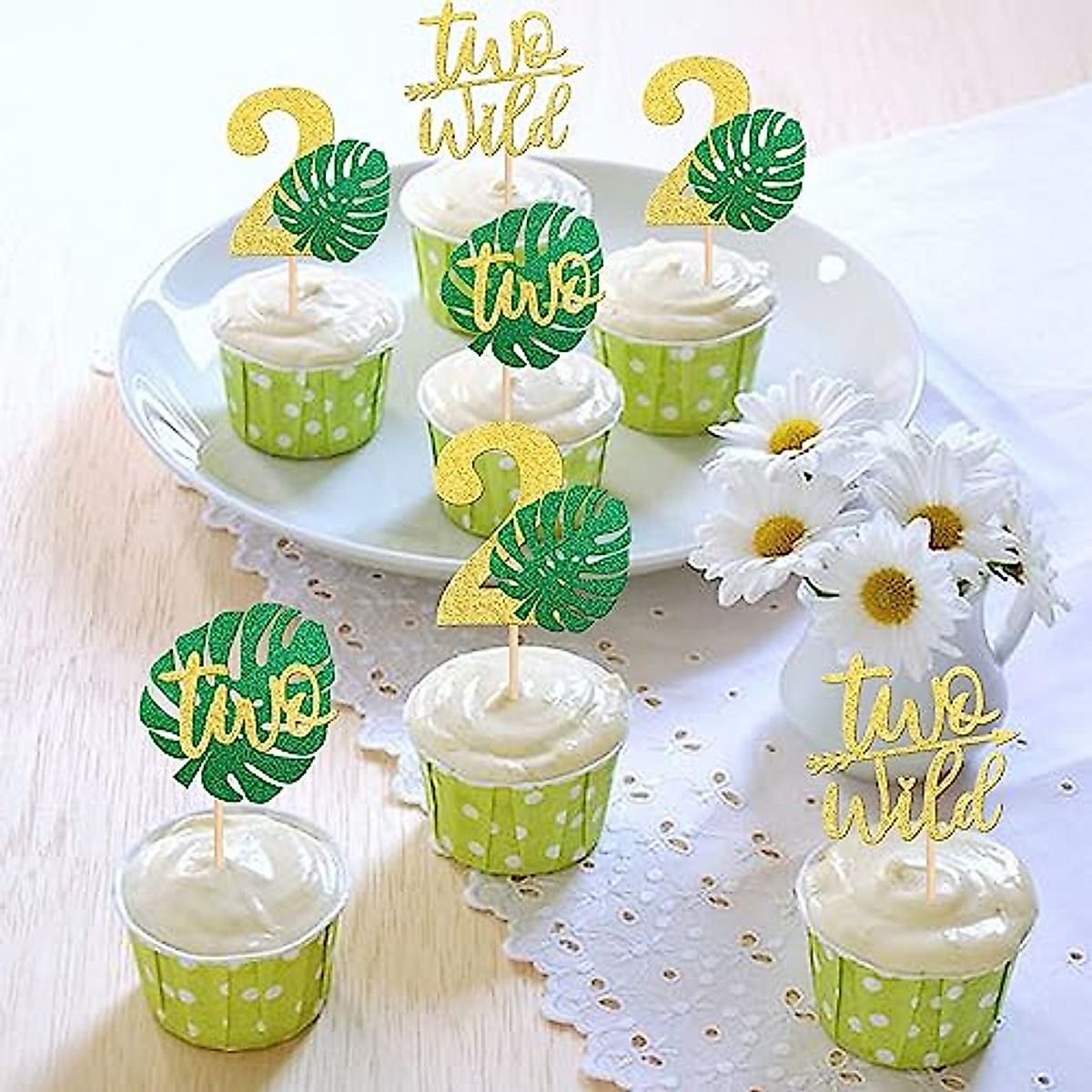 30 PCS Two Wild Cupcake Toppers Glitter Monstera Leaf Two Cupcake Picks Palm Leaves 2nd Birthday Cake Decorations for Jungle Safari Theme Baby Shower Kids Second Birthday Party Supplies