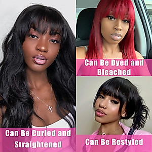 A ALIMICE Black Silky Straight Human Hair Wig with Bangs, 16 Inch, 150% Density, Glueless, 22.5 Inch Cap Size