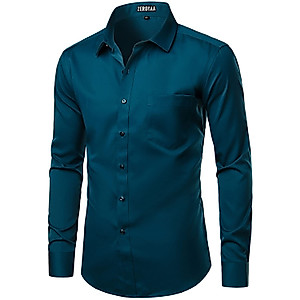 ZEROYAA Men's Business Formal Slim Fit Long Sleeve Button Up Dress Shirts with Pocket ZYSGCL01-Teal Large