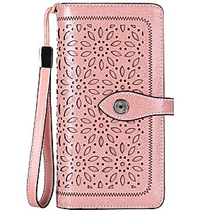 HUANLANG Women Wallets Large Ladies Leather Wallet with Coin Pocket RFID Wallet Organizer for Women with Wrist Strap (Pink)
