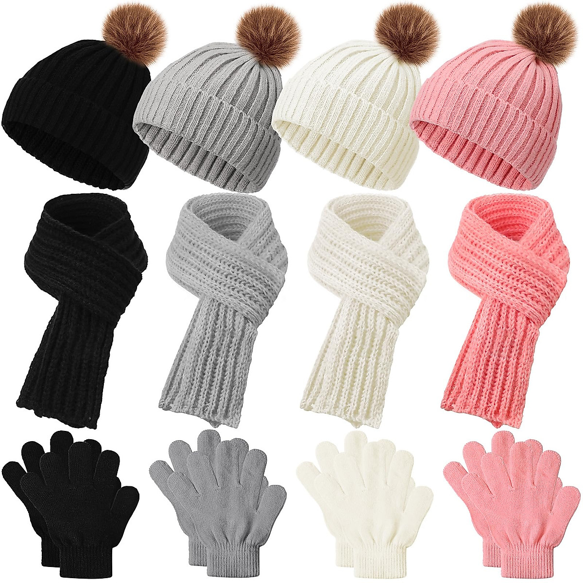 Liitrsh 4 Sets Kids Winter Hat Gloves Scarf Set Girls Boys Knit Hat Long Scarf Snow Gloves Outdoor for Toddler(Warm Colors)