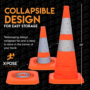 Collapsible Orange Traffic Safety Cone - 28 Inch - Heavy Duty Reflective Traffic Cones for Roadside Emergency and Vehicle Safety - for Parking, Caution Signs, Construction, Road Crews (1)