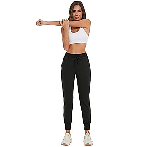 BATHRINS Women Tapered Joggers with Pockets – Casual Yoga High Waist Sweatpants Black