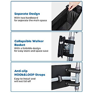 ISSYAUTO Walker Basket, Strap Mount Walker Cup Drink Holder with Two Split Board, Foldable Walker Storage Bag, Best Gift for Family and Friends - Black (Not Fit Rollator Walkers)