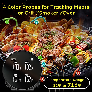 HOMETALL Wireless Meat Thermometer, 400FT Bluetooth Meat Thermometer Digital with 4-Probes, Large Display Instant Read Food Thermometer for Cooking, Smoker, Oven, BBQ, Grill Thermometer