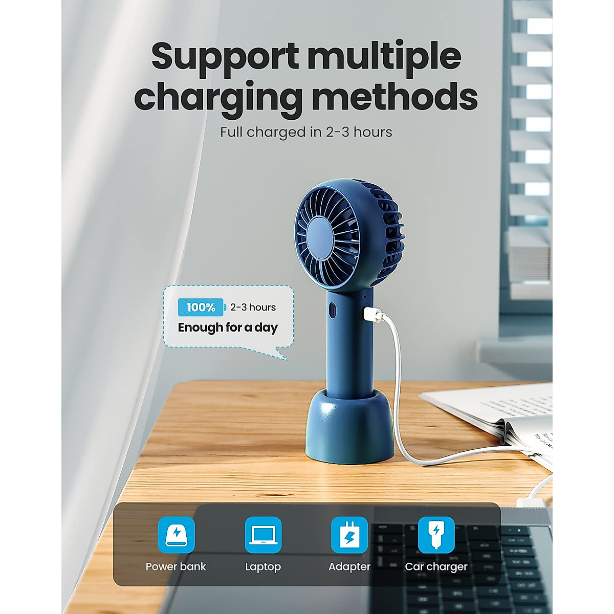 Gaiatop Mini Portable Fan, Navy Blue, Cute Design, Powerful Wind, Handheld and Desktop, Rechargeable Battery