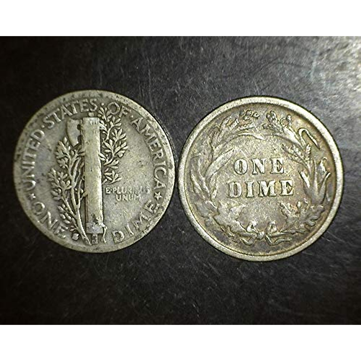 1892 to 1945 PD or S - Set of 2 coins - Mercury and Barber Dimes - 90% Silver - Different Dates from 1892 to 1945 Dimes Seller VG-08 and better