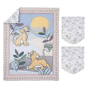 Disney Lion King Leader of The Pack Taupe and Green Simba and Nala Sunset and Leaves 3 Piece Nursery Mini Crib Bedding Set - Comforter and Two Fitted Mini Crib Sheets