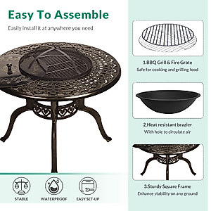 VIVIJASON 40.3" Patio Round Fire Pit Dining Table Charcoal/Wood Burning Outdoor Cast Aluminum Furniture Table with Fire Bowl, Cooking BBQ Grill, Wood Grate, Spark Screen and Poker for Backyard Lawn
