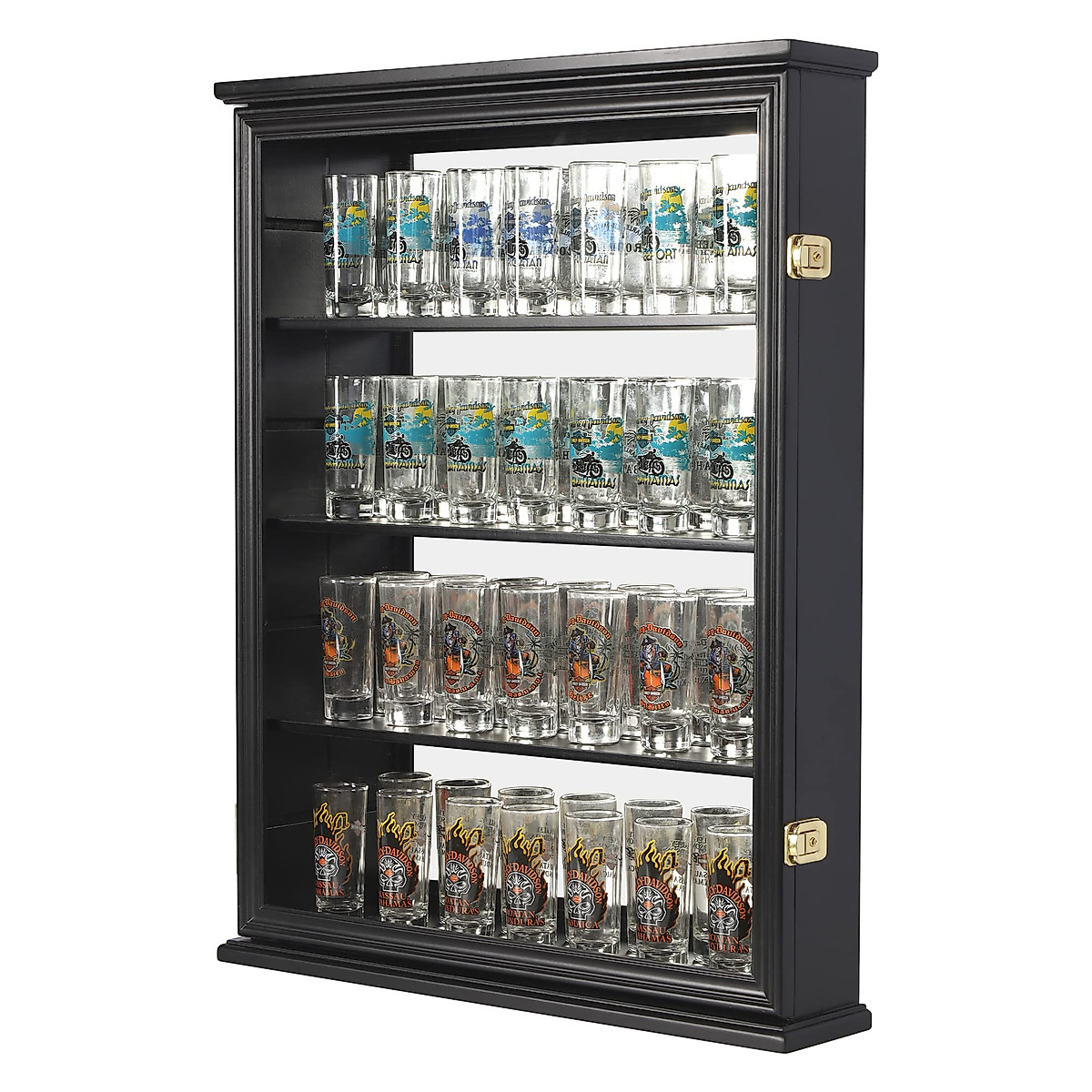 64 Shot Glass Display Case Holder Shot Glass Cabinet, Small Curio Display, Hinged Acrylic Door, Black