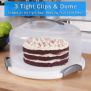 JOEY'Z EXTRA LARGE Cake Carrier/Storage Container With Server Holds up to 12 inch 3-layer cake, White Gray Translucent Dome - Transports Cakes, Pies, or Other Desserts