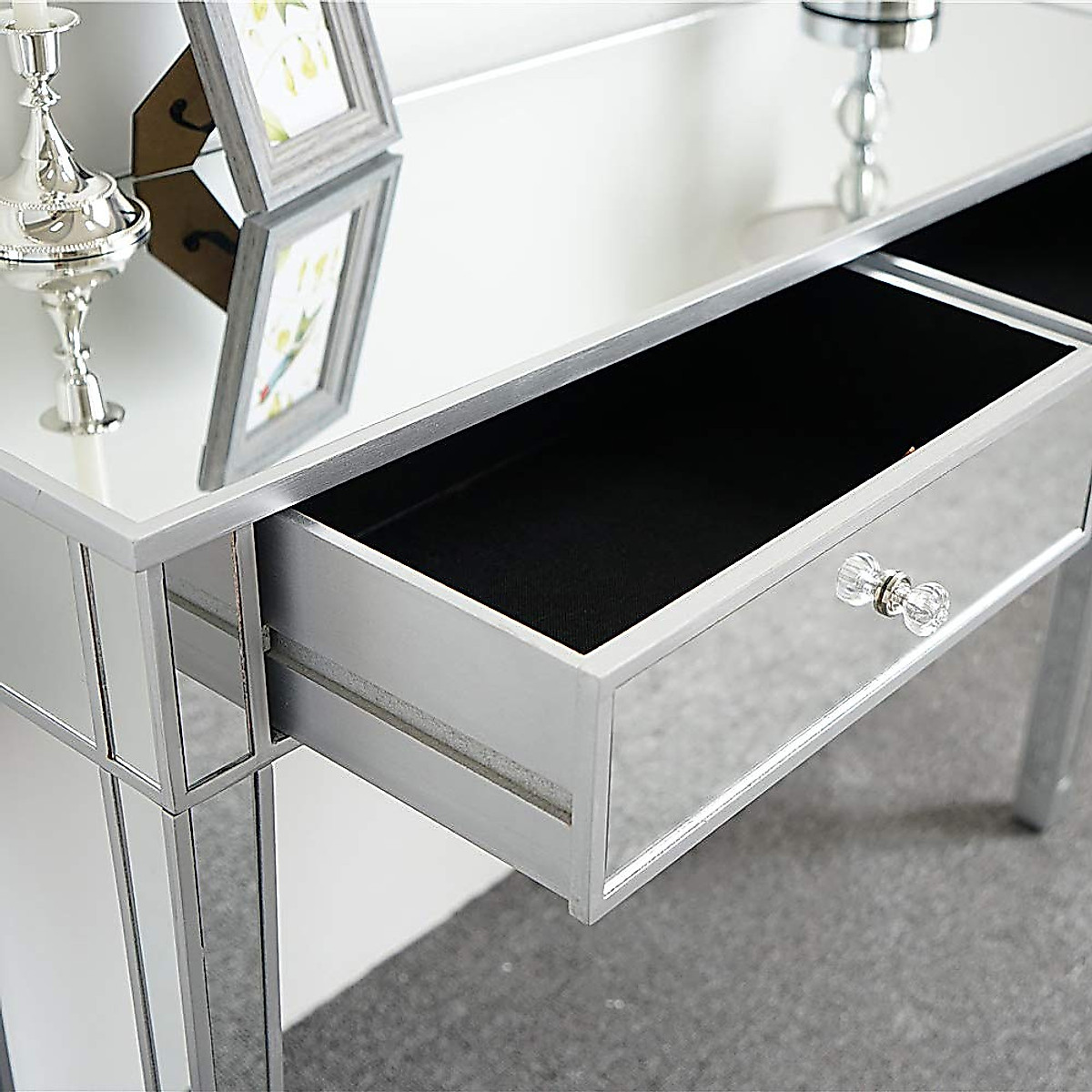 HomVent Mirrored Makeup Vanity Table for Women, Home Office Smooth Silver Finish Mirrored Console Table Writing Desk Mirrored Table Desk Modern Media Console Table with Drawers (2 Drawers)