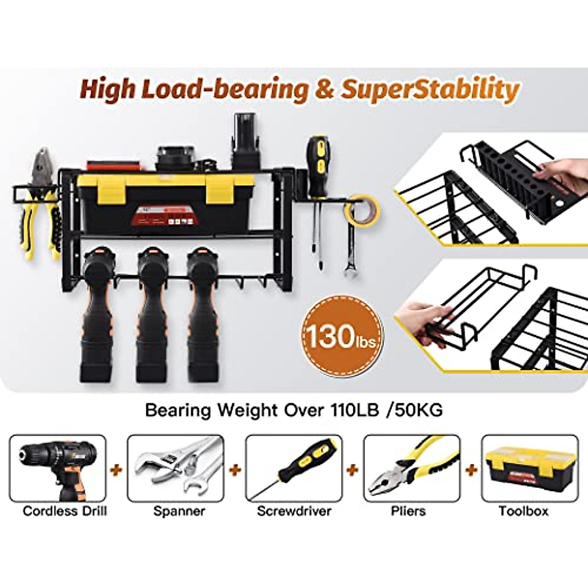 BTideas Power Tool Organizer, Drill Holder Wall Mount, Heavy Duty Garage Tool Organizer and Storage, Suitable Power Tool Organizer Wall Mount for Tool Room, Workshop, Garage (Black)