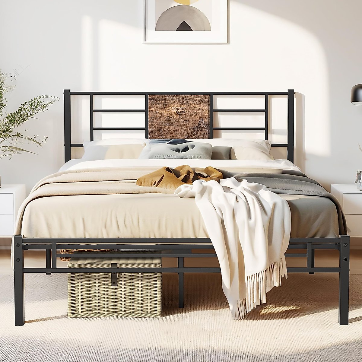 VECELO Full Size Bed Frame with Headboard, Heavy-Duty Platform with Metal Slats Support, No Box Spring Needed/Easy Assembly, Black