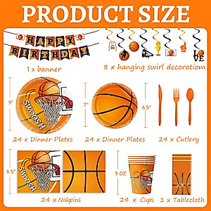178 Pcs Basketball Theme Birthday Party Decorations Basketball Party Supplies Set Include Plates, Napkin, Cup, Fork, Knives, Spoon, Tablecloth, Banner for Kids and Adults, Serves 24 Guests