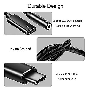 Type C to 3.5mm Headphone and Charger Adapter, 2 in 1 USB C to Aux Audio Jack Hi-Res DAC with PD 60W Fast Charging Dongle Cable Compatible with Pixel 4 3 XL, Galaxy S21 S20 S20+ Plus Note 20 (Black)