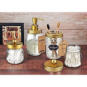 Amolliar 4PCS & 2pcs Gold Mason Jar Bathroom Accessories Set-3pcs Lotion Soap Dispenser & 2 pcs Cotton Swab Holder &1pcs Toothbrush Holder,Waterproof Stickers,Rustic Farmhouse Decor