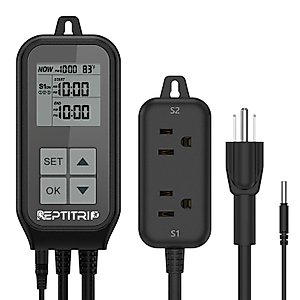 REPTITRIP Reptile Thermostat, Reptile Light Timer for Temperature and Lighting Control, Day-Night Timer Thermostat with Reptile Thermometer for UVB Light, Heat Lamp, Heating Pad, 10A 1250w