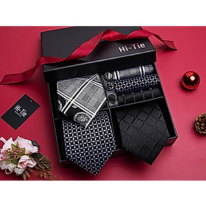 Hi-Tie 3/5 Pcs Gift Box Mens Tie Set Necktie with Pocket Square and Cufflinks Silk Neck Tie Collection,Black