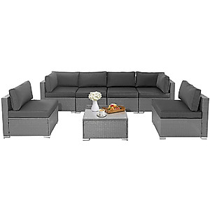Incbruce 7-Piece Outdoor Furniture Sofa Set, All-Weather Gray Wicker Sectional Couch, Patio Conversation Sets with Glass Coffee Table and Washable Cushions (Grey)
