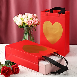 24 Pcs Valentines Day Reusable Gift Bags with Shiny Gold Heart Non Woven Gift Bags Goodie Bags 8 x 12 x 4 Inch Grocery Bags Shopping Bags for Birthday Wedding Valentines Party (Red)