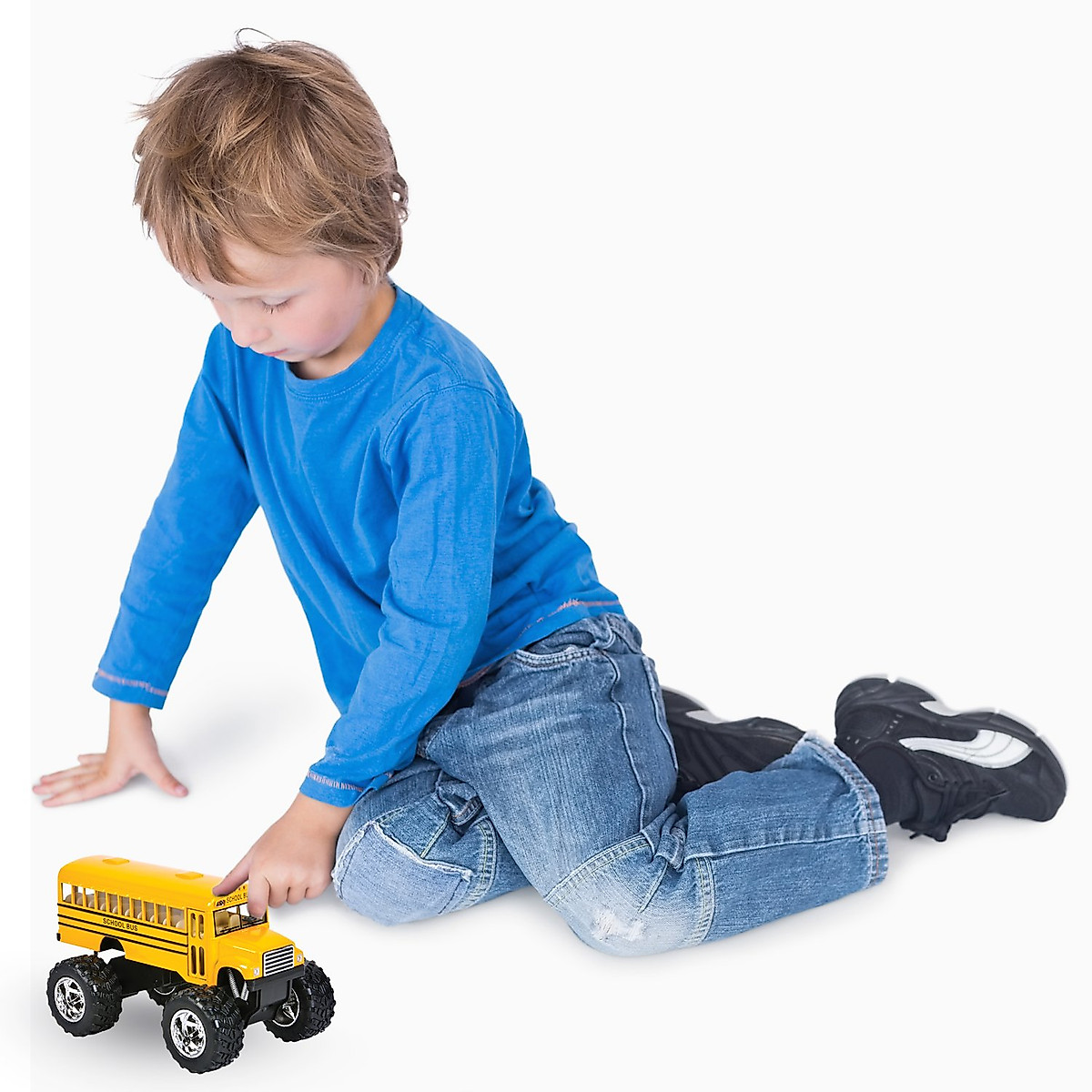 Bedwina Die Cast Yellow School Bus - 2 Pack Set Monster Truck School Bus, Pull Back Car Toys, Play Vehicles and Gifts for Kids Great for Party Favors, Stocking Stuffers