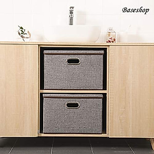 Large Linen Fabric Foldable Storage Container [2-Pack] with Removable Lid and Handles,Storage bin box cubes Organizer - Gray For Home, Office, Nursery, Closet, Bedroom, Living Room