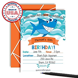 Smiling Shark Bite Birthday Party Invitations, 20 5x7 Fill In Cards with Twenty White Envelopes by AmandaCreation