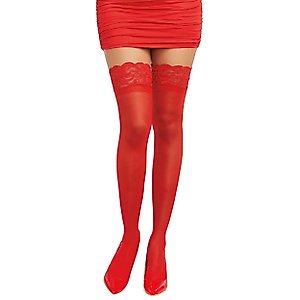 Dreamgirl Women's Sheer Thigh High Pantyhose, Hosiery, Nylons, Stockings with Comfort Lace Top Anti-Slip Silicone Elastic Band, Red, One Size