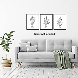Black and White Wall Art Prints for Living Room, Bedroom, Kitchen, Office, Bathroom Wall Decor, Minimalist Wall Art, Botanical Prints, Plant Poster, Flower Pictures, Set of 3, 8" x 10", Unframed.