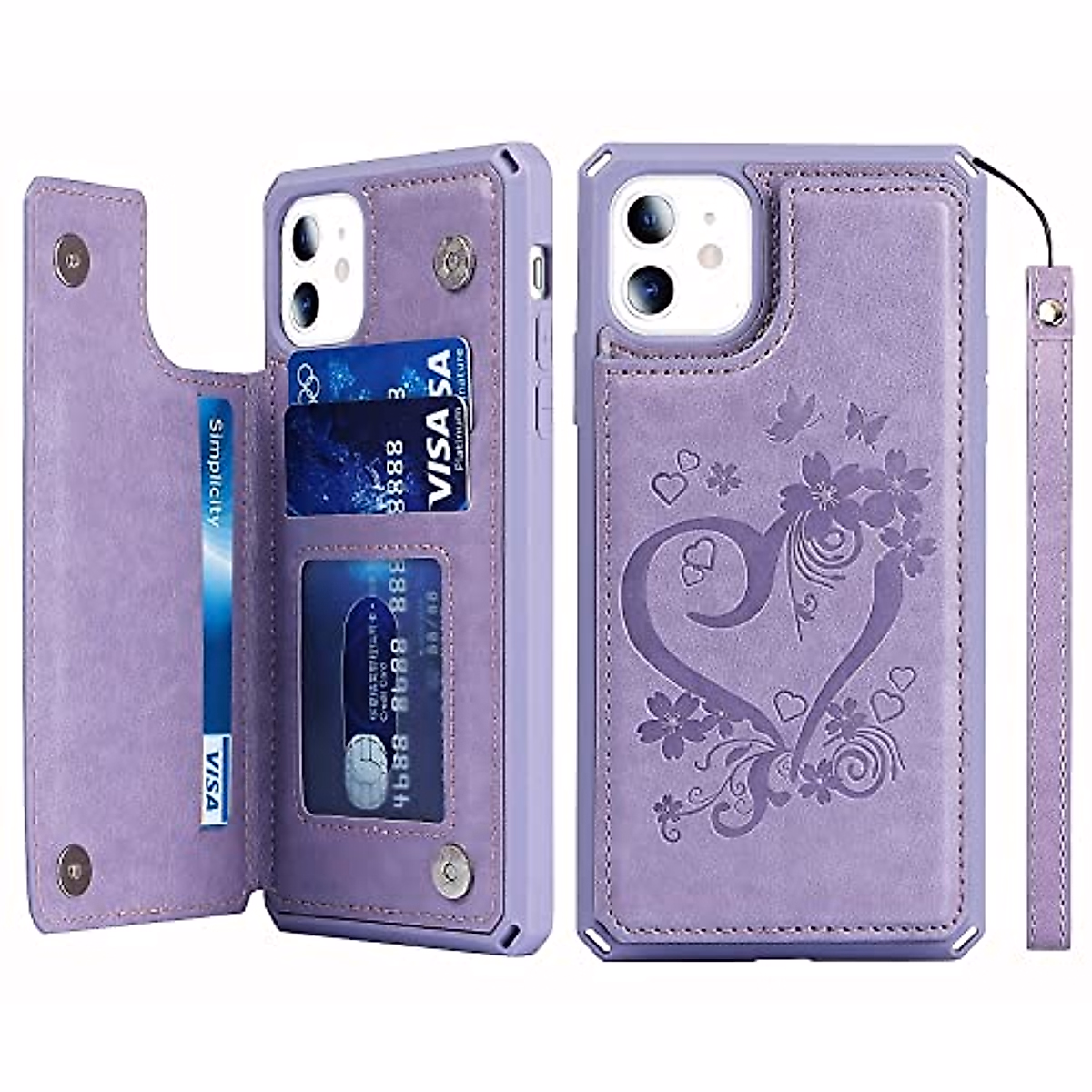 iCoverCase for iPhone 11 Wallet Case with Card Slots Holder and Wrist Strap [RFID Blocking] Embossed Leather Kickstand Magnetic Clasp Shockproof Cover for iPhone 11 6.1 Inch (Heart Purple)