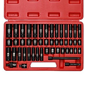 Mayouko 48 Pieces 3/8" Drive Impact Socket Set, SAE/Metric, 6 Point, CR-V, Includes Extension Bar, Adapter, Universal Joint