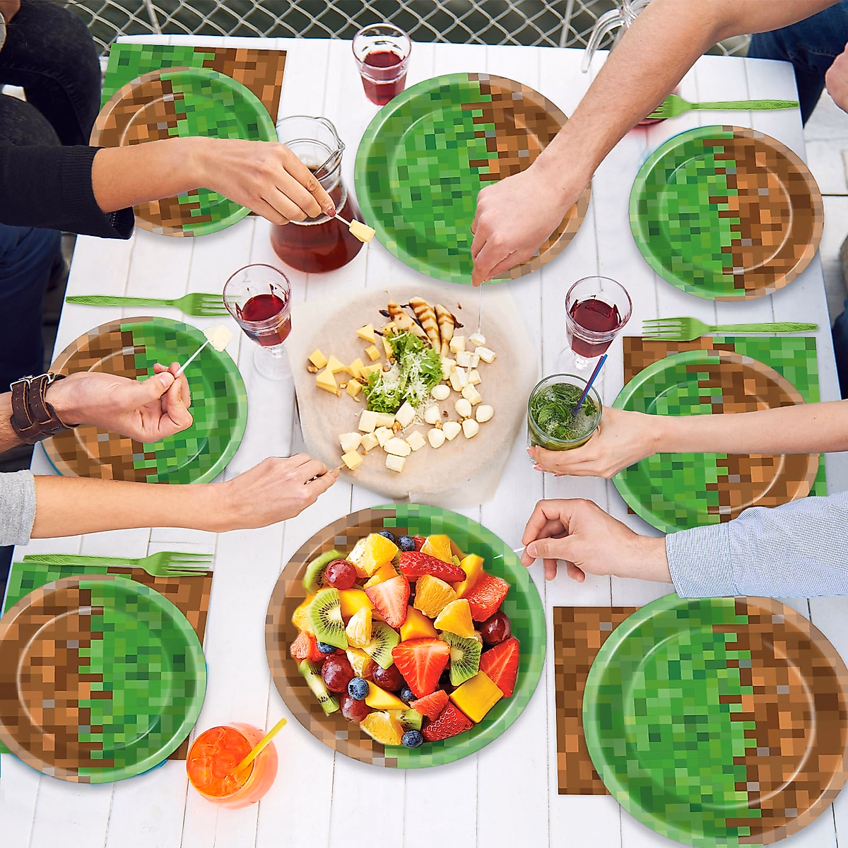 Qyeahkj 100Pcs Pixel Party Decorations Gamer Party Supplies Video Game Birthday Plates and Napkins for Mining Pixel Party Mining Craft Disposable Tableware Baby Shower Birthday Decor for 25 Guests