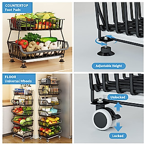 Wisdom Star 6 Tier Fruit Vegetable Basket for Kitchen, Fruit Vegetable Storage Cart/ Bins for Onions and Potatoes, Wire Storage Organizer Utility Cart with Wheels, Black