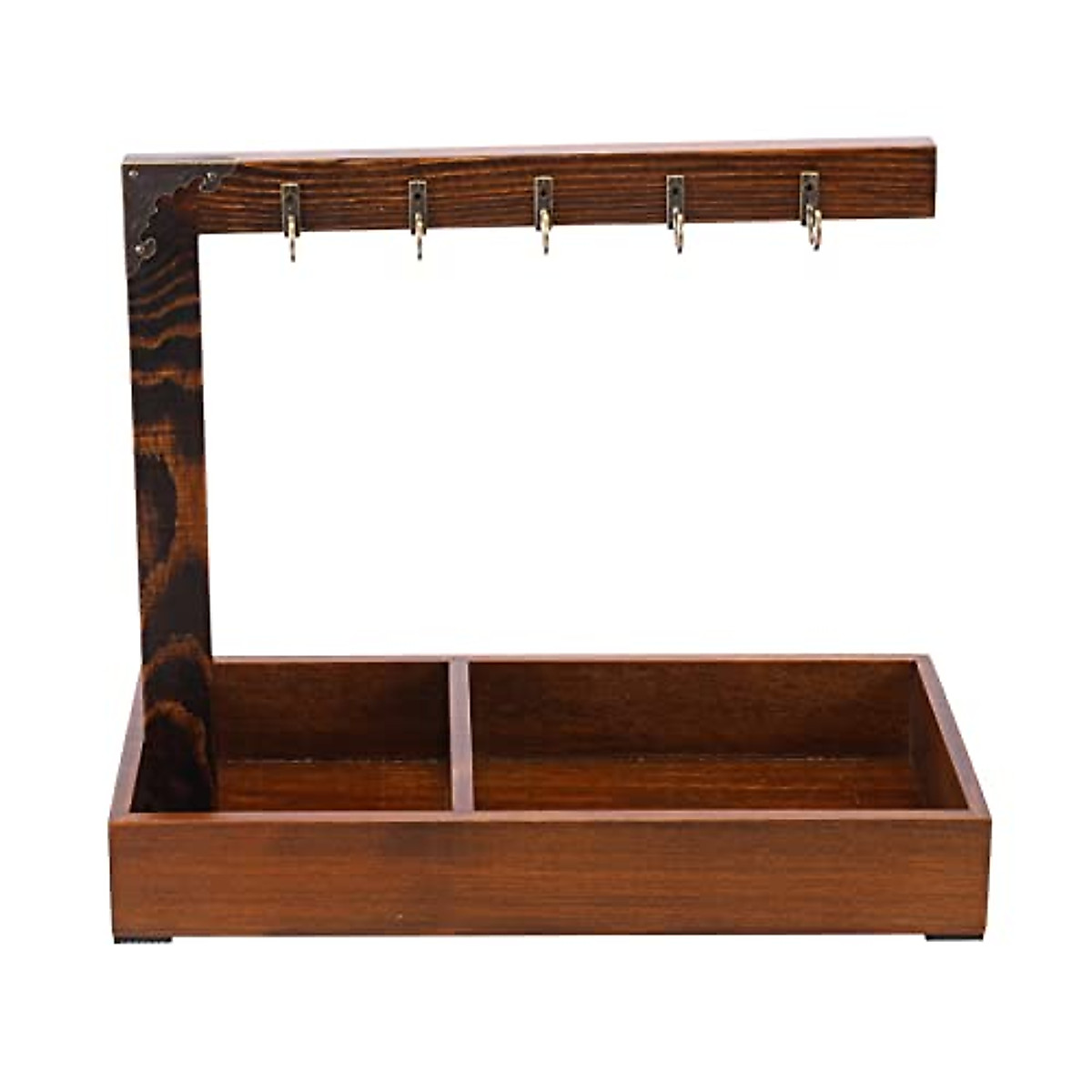 Entryway Hanging Key Holder with 5 Hooks for Desk Tabletop,Solid Wood Jewelry Storage Tray,Home Decorative Key Rack Organizer,L11.8''*W5.9''*H9.8’’, Black Walnut